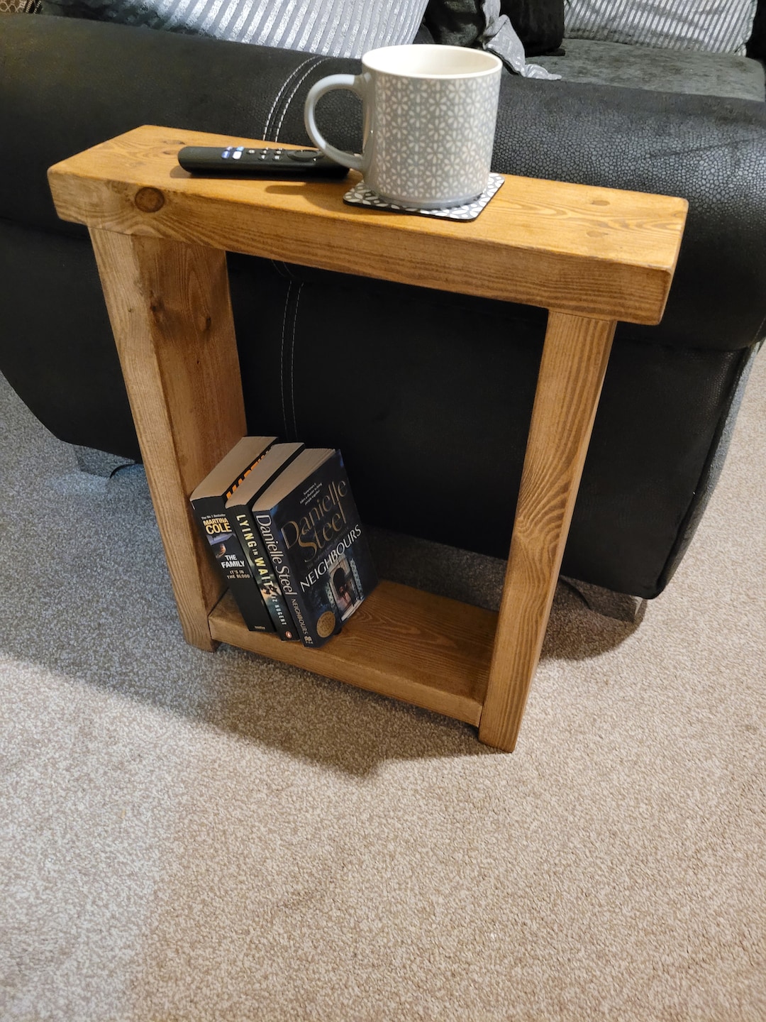 14.5cm Rustic Narrow Side Table With Shelf: Slim Solid Wood Sofa End ...