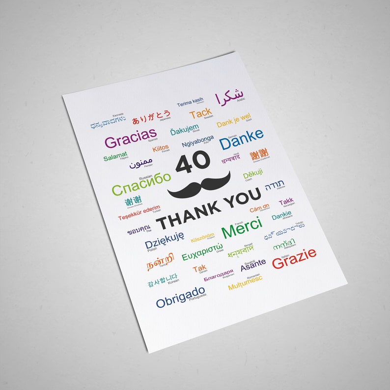 40 Thank You Poster in 40 Different Languages, Personalized 40th ...
