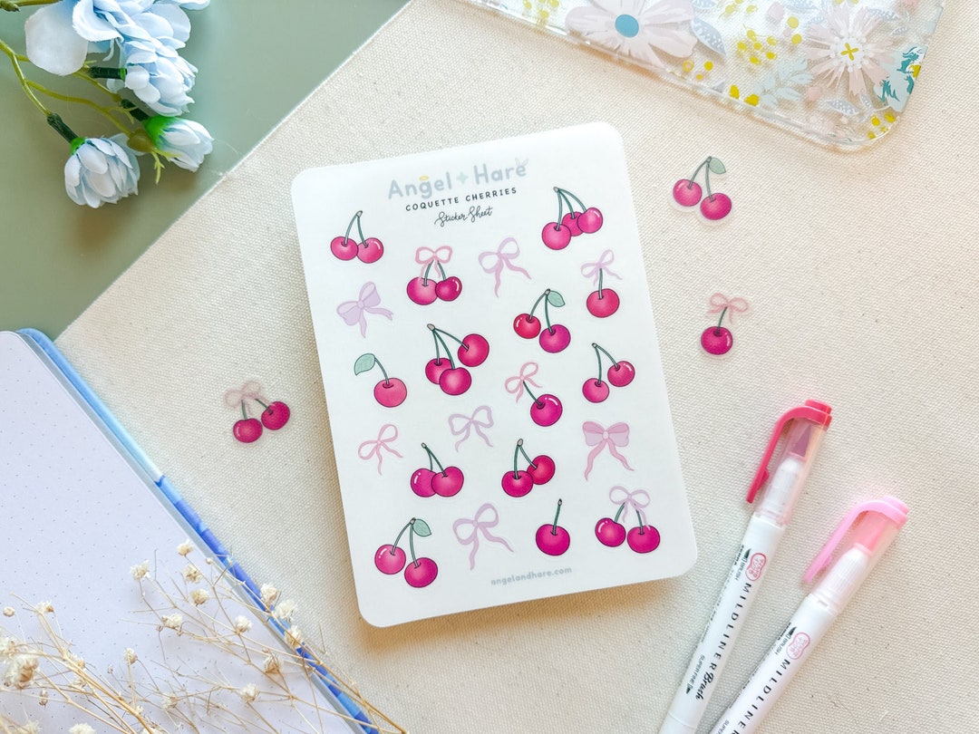 Coquette Cherries Clear Sticker Sheet | Cherry Bows Pink Aesthetic ...