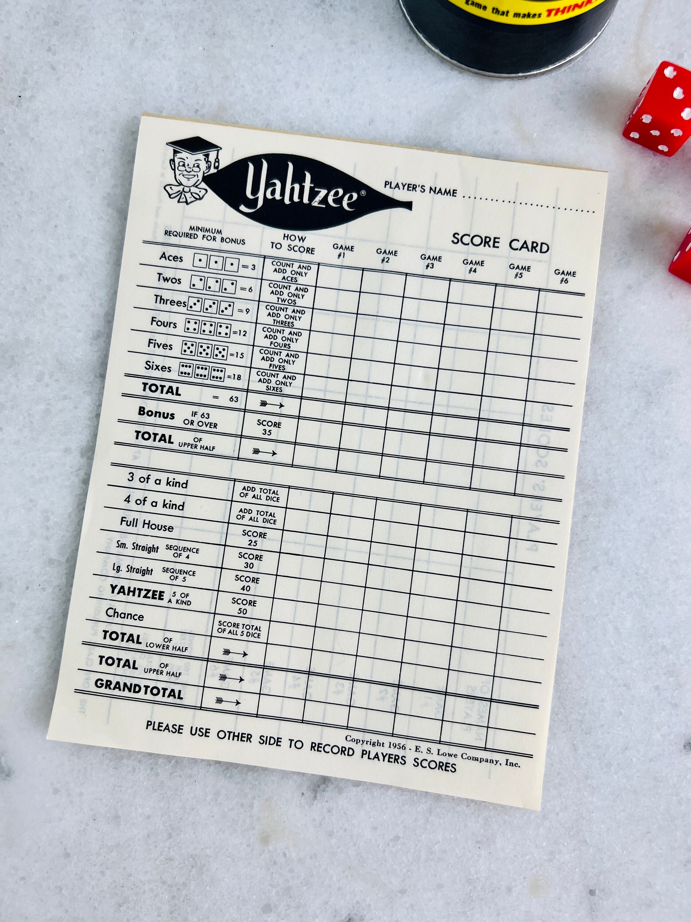 Vintage 1956 Yahtzee Board Game, First Edition, E.S. Lowe Company ...