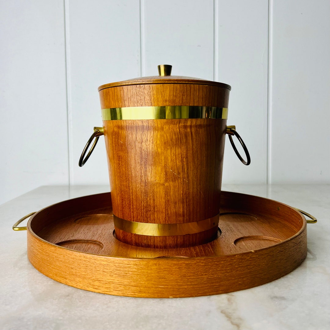 Vintage Ice Bucket With Tray, Teak, Brass, Spots for 8 Glasses, for Bar ...