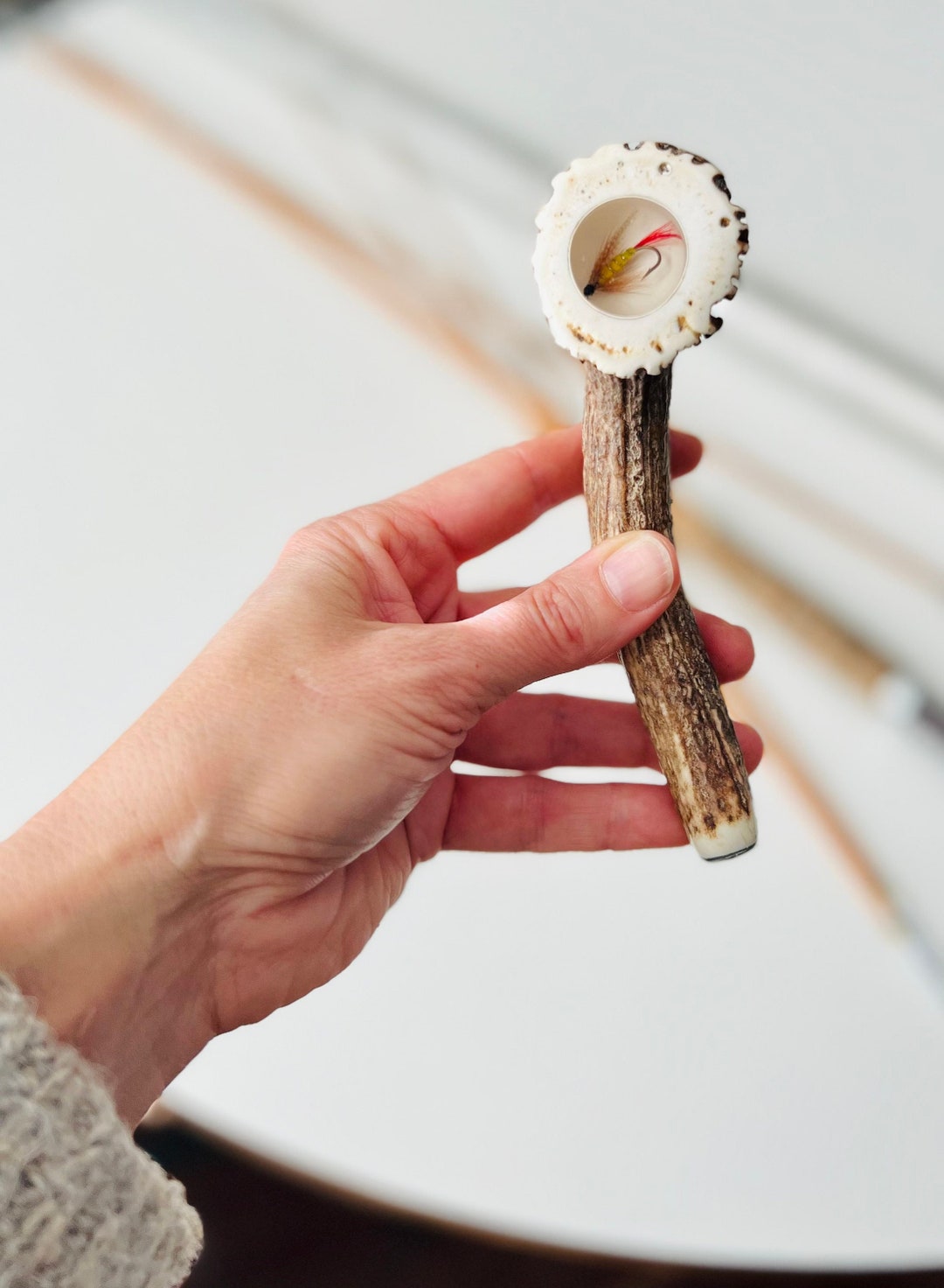 Vintage Fly Fisherman Antler Cane Handle With Inset Fly Lure, Handmade ...