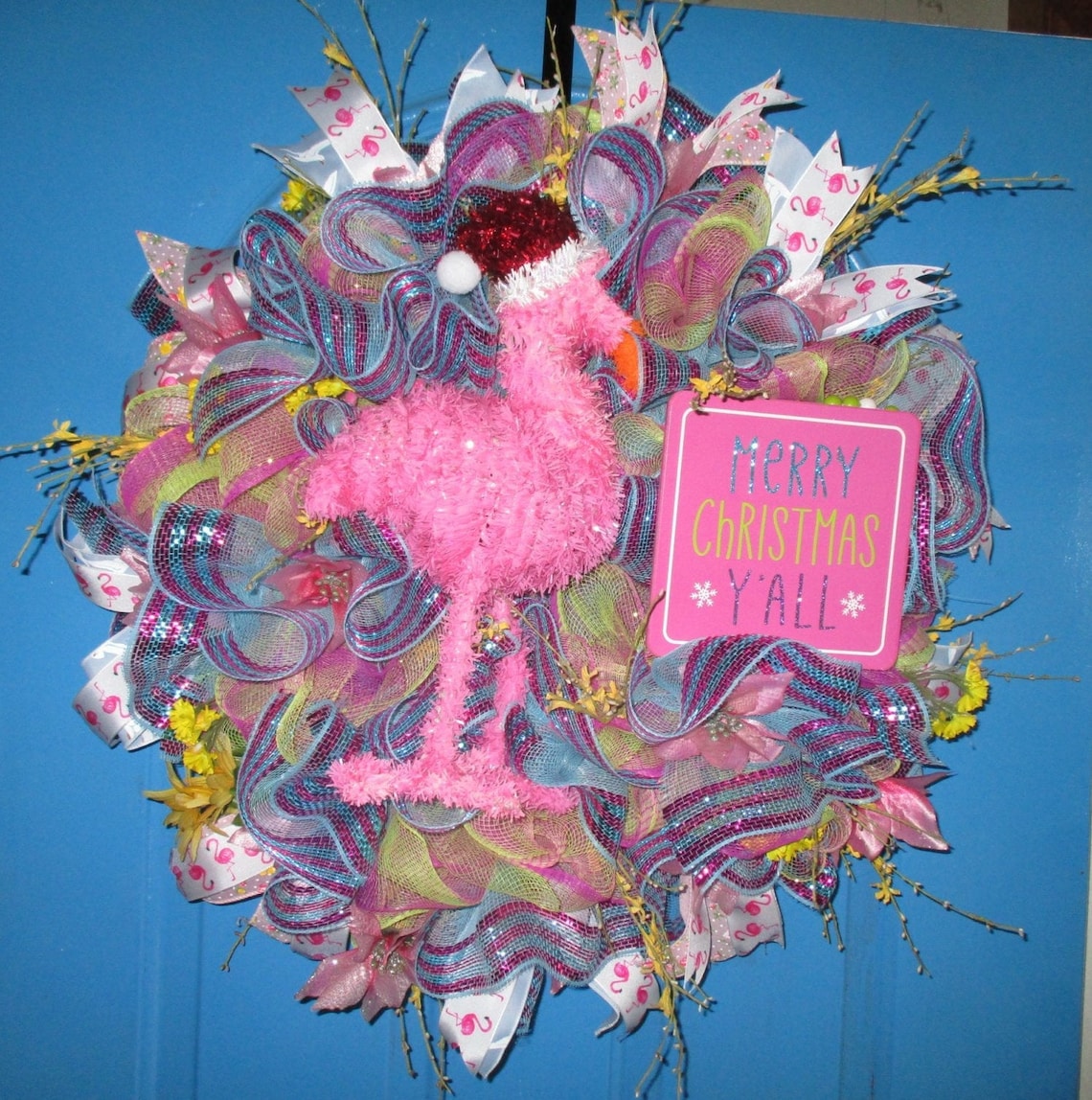 Flamingo Christmas wreath front door decor flamingo | Etsy