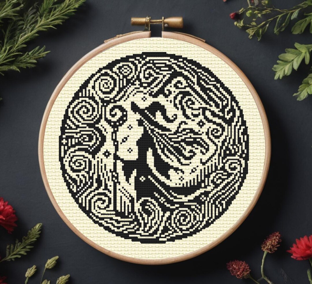 Witch Woodcut Cross Stitch Pattern Round Design Blackwork Instant ...