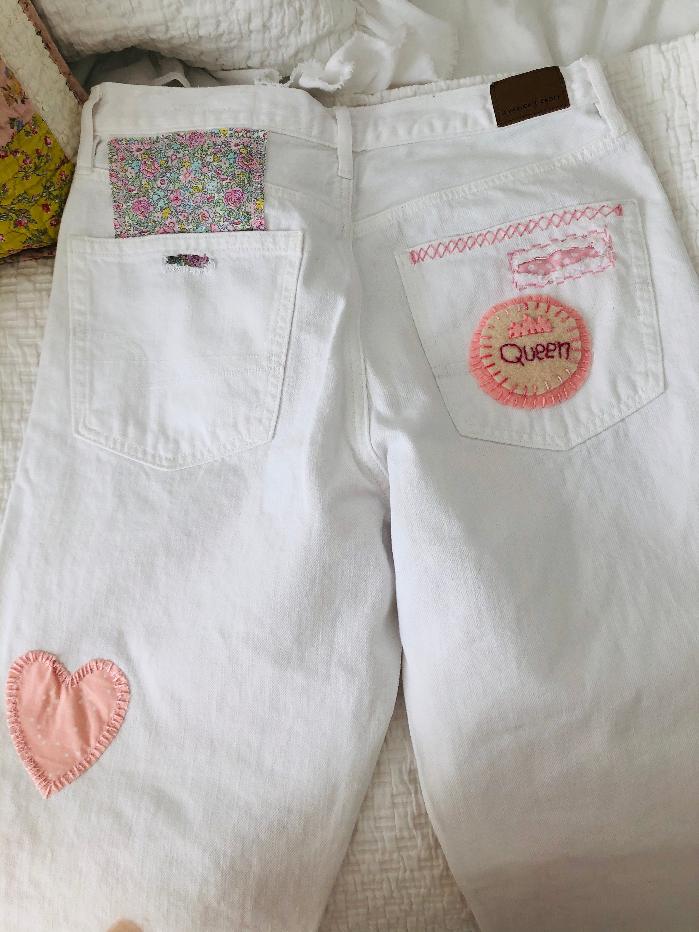 Patched and Embroidered White Denim Jeans - Etsy