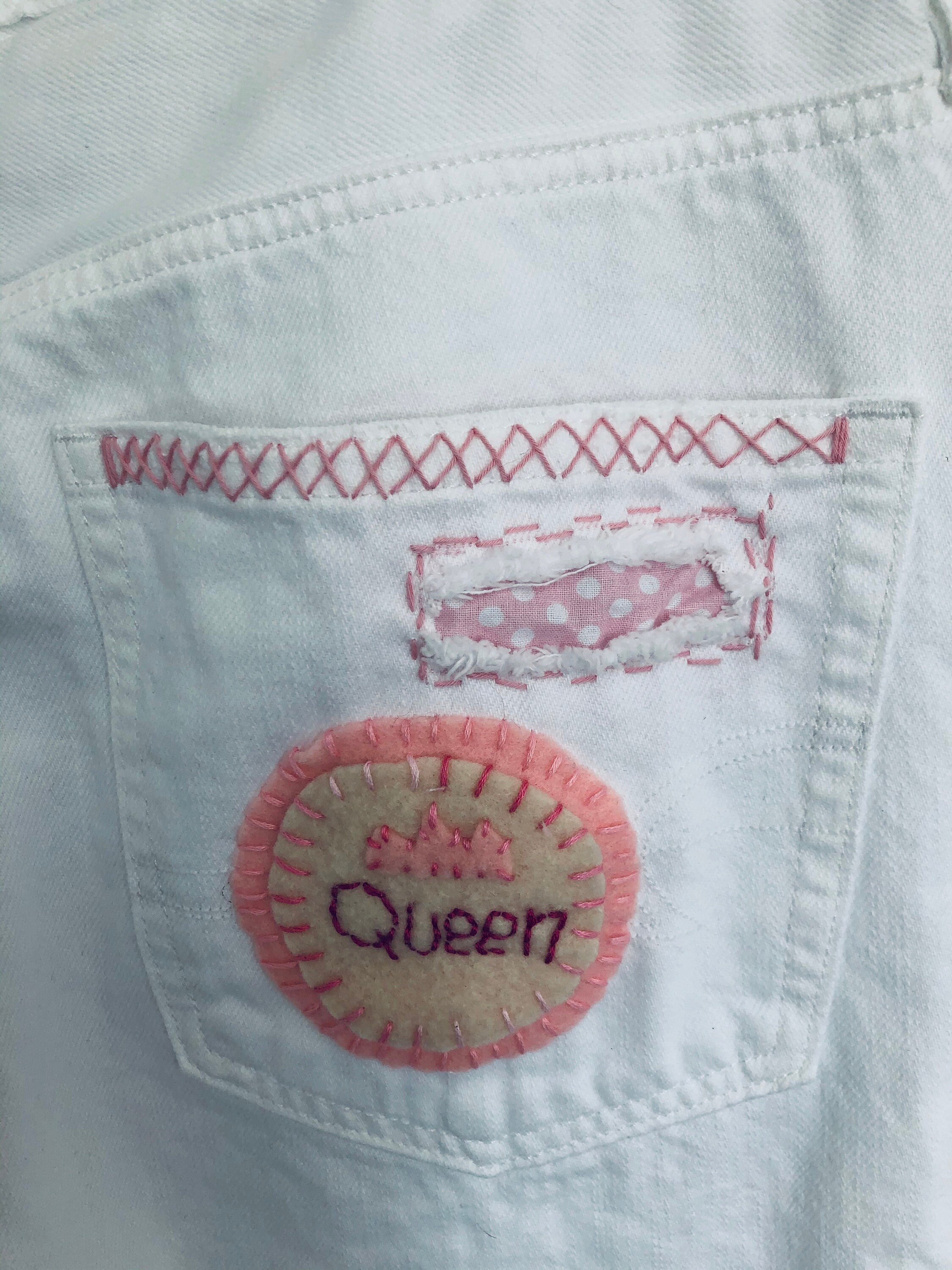 Patched and Embroidered White Denim Jeans - Etsy