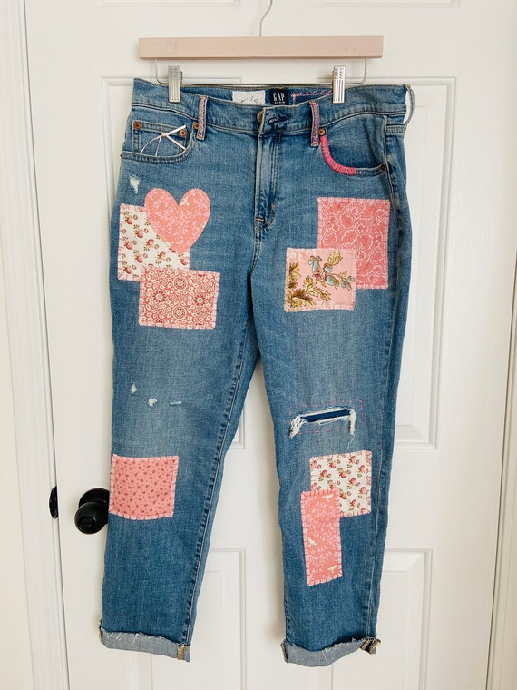 Girlfriend Jeans With Dusty Pink Patches and Embroidery | Etsy