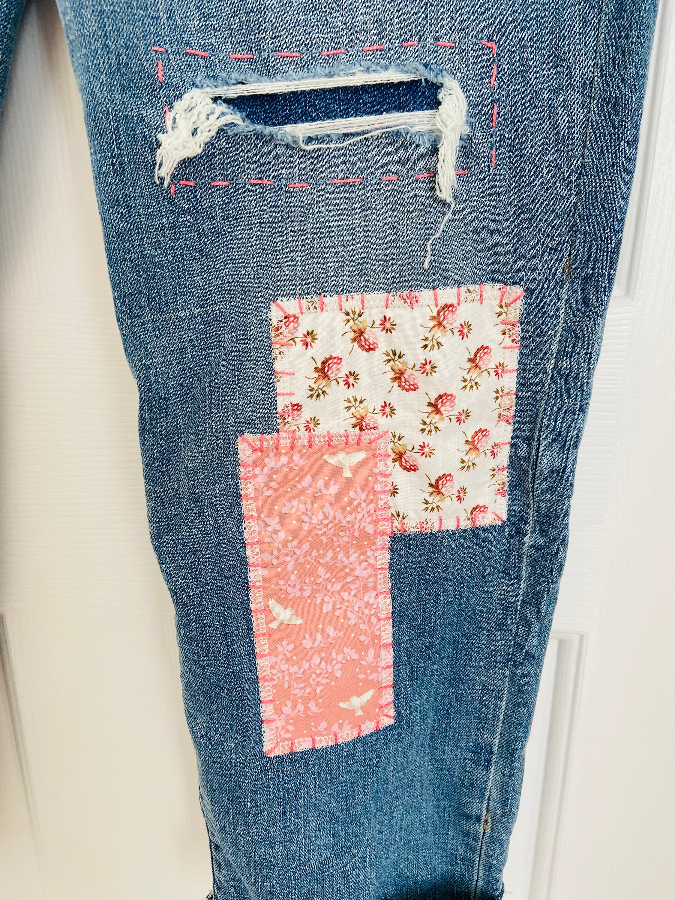 Girlfriend Jeans With Dusty Pink Patches and Embroidery - Etsy