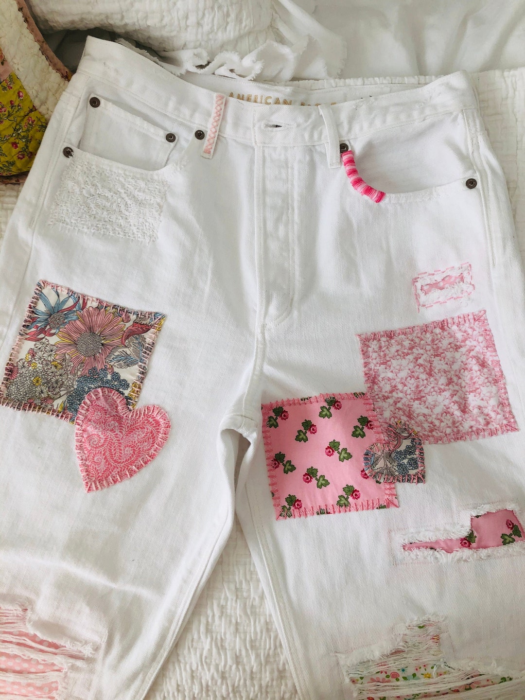 Patched and Embroidered White Denim Jeans - Etsy