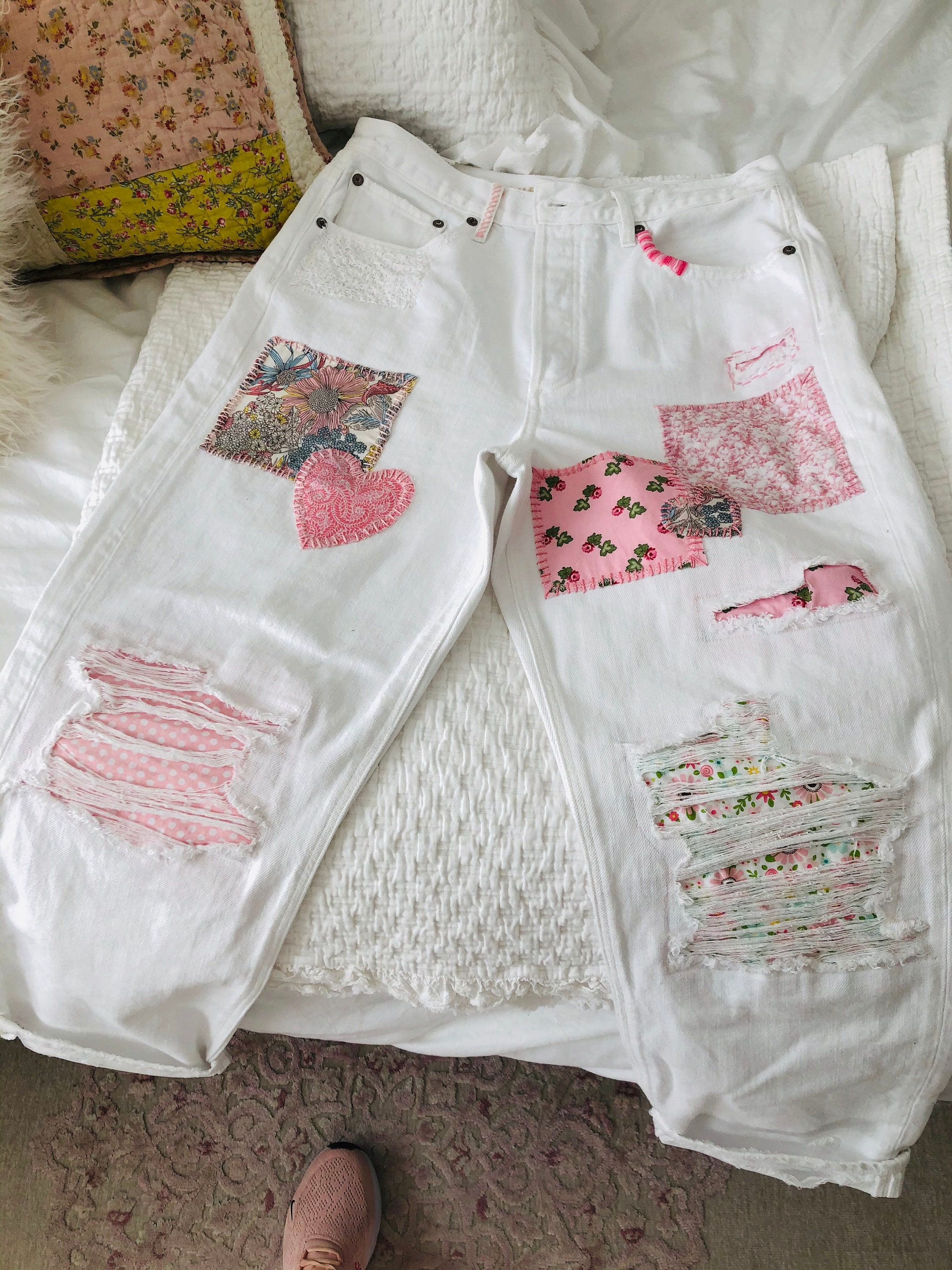 Patched and Embroidered White Denim Jeans - Etsy