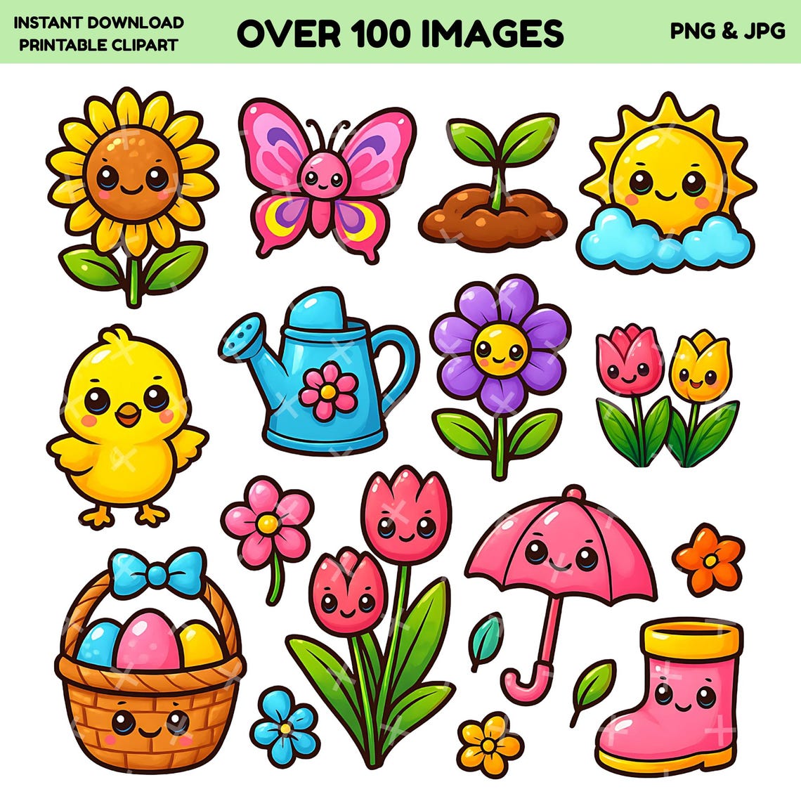 Kawaii Spring Clipart PNG & JPG Bundle - Etsy