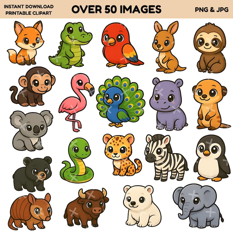 Kawaii Zoo Animals Clipart PNG & JPG Bundle - Etsy