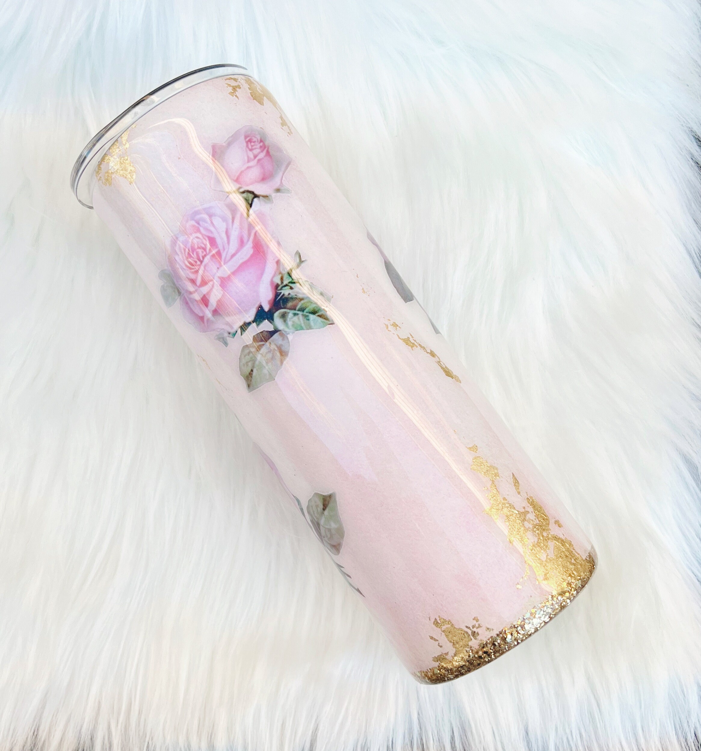 Ready to Ship 20oz Skinny Straight Pink Vintage Rose Glitter Tumbler - Etsy