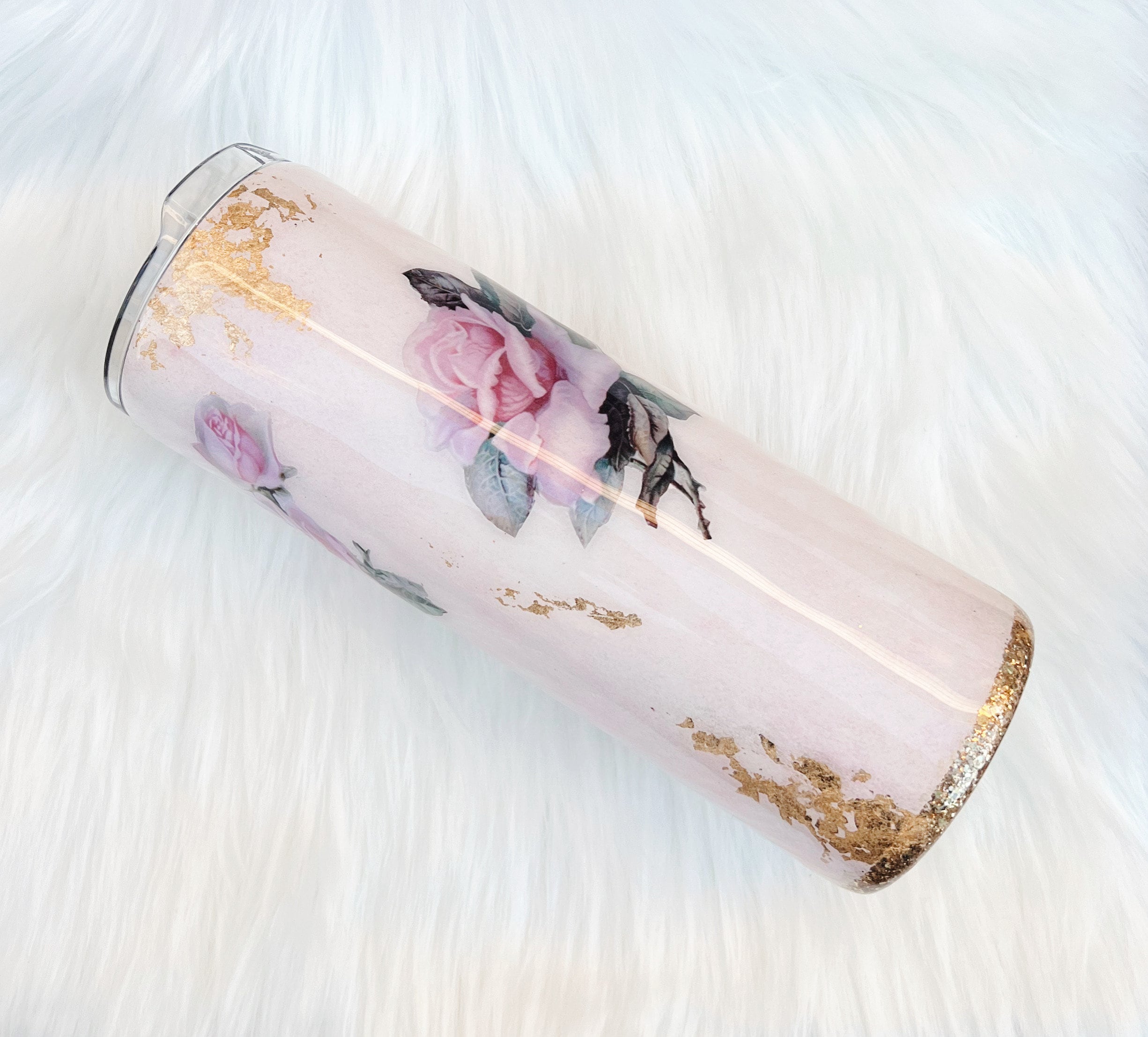 Ready to Ship 20oz Skinny Straight Pink Vintage Rose Glitter Tumbler - Etsy