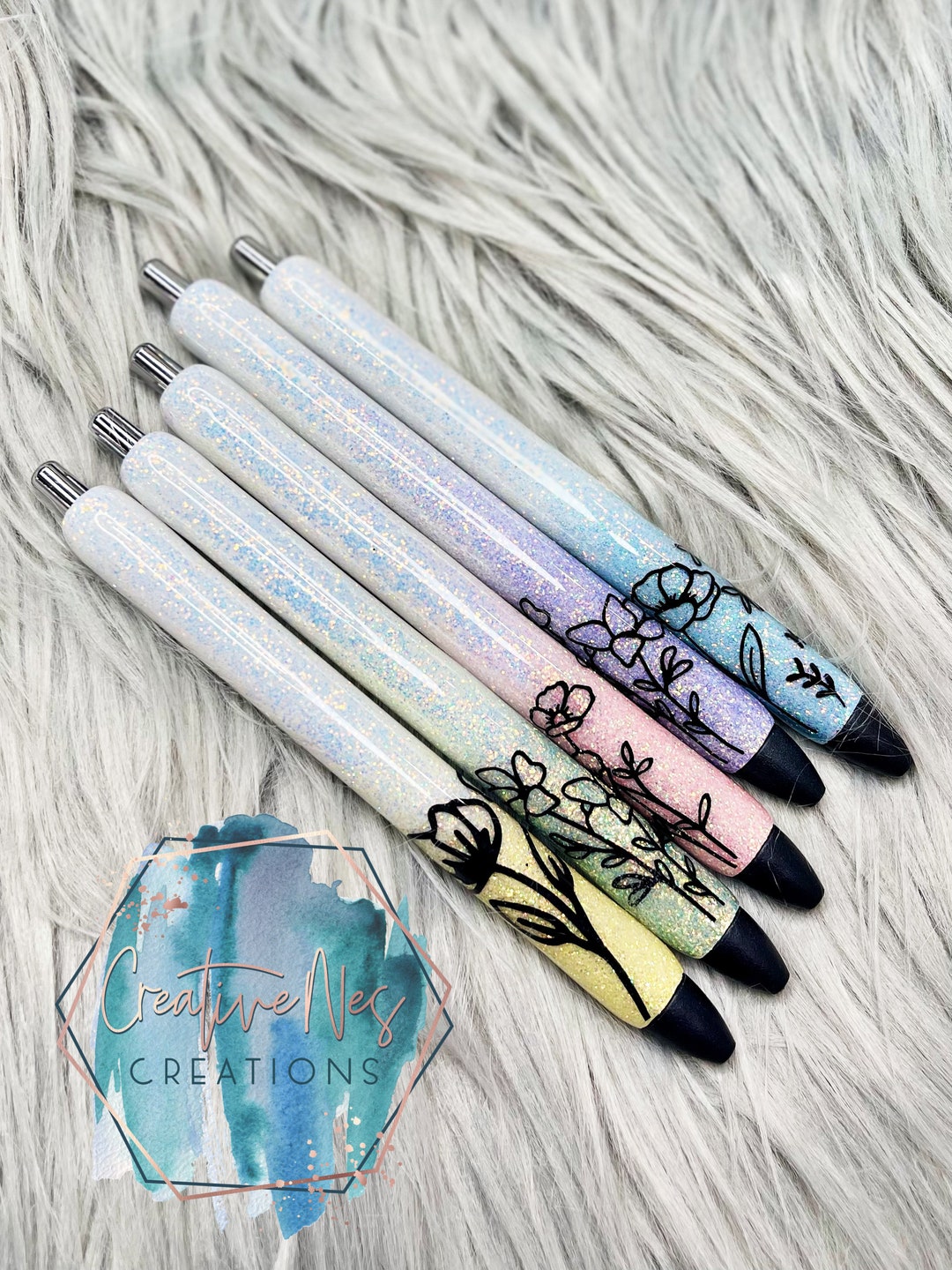 Floral Pen, Ombre Floral Print Pen, Pastel Glitter Pen, Glitter Pen ...