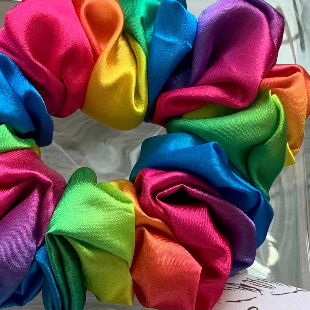 Large Scrunchie, Beautiful Rainbow Colour Scrunchie, Rainbow Satin Hair ...