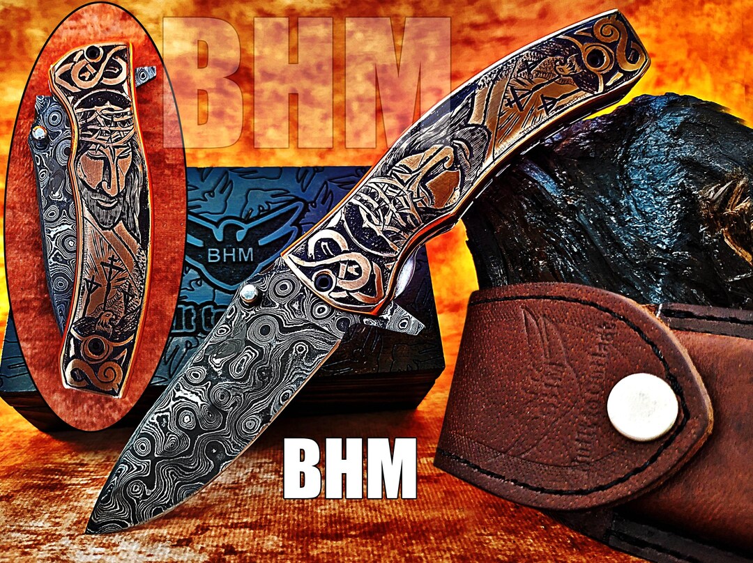Damascus Folding Knife: Hand-carved Jesus Crucifixion Theme, Brass ...