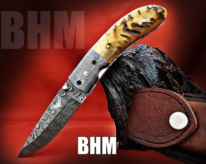 Handmade Damascus Folding Knife: Ram Horn Handle, Pocket Clip - Etsy