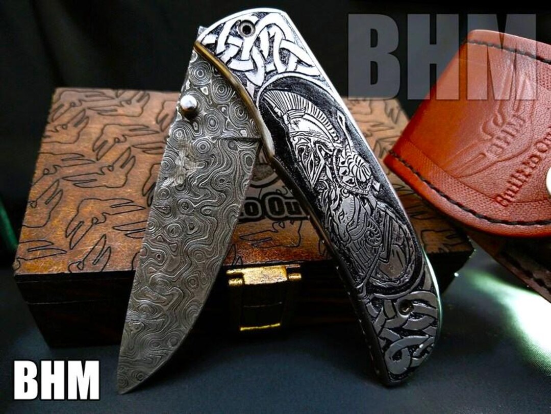 Handmade Damascus Folding Knife: Roman Commander Theme Hand Carved ...