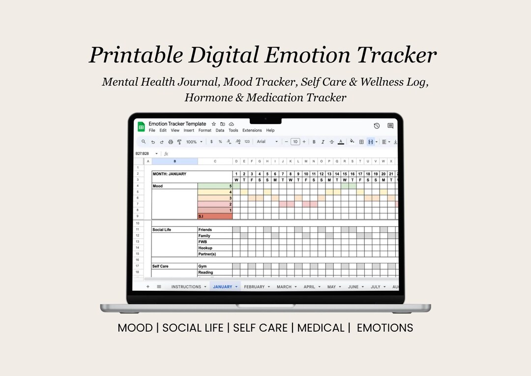 Printable Digital Emotion Tracker Spreadsheet | Mental Health Journal ...