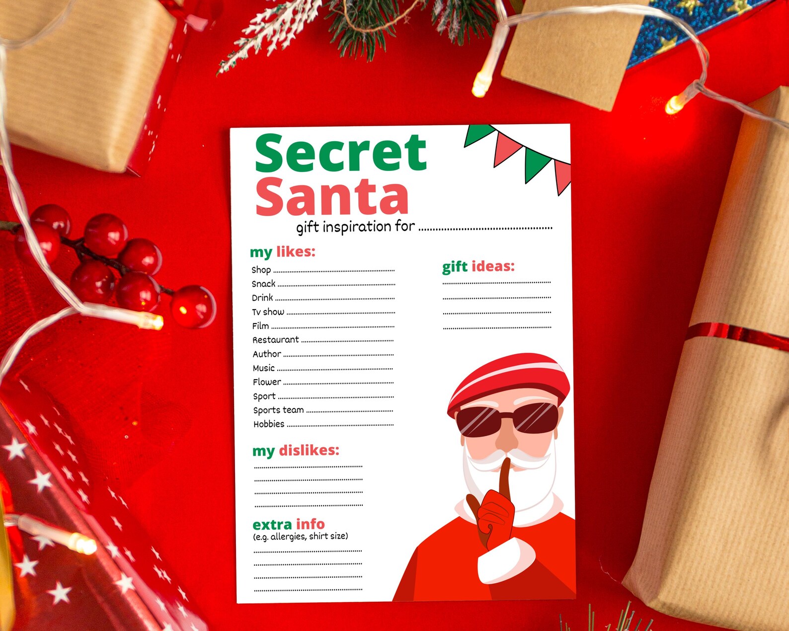 Printable Secret Santa Questionnaire for Coworkers Gift Exchange Game, Favorite Things Christmas ...