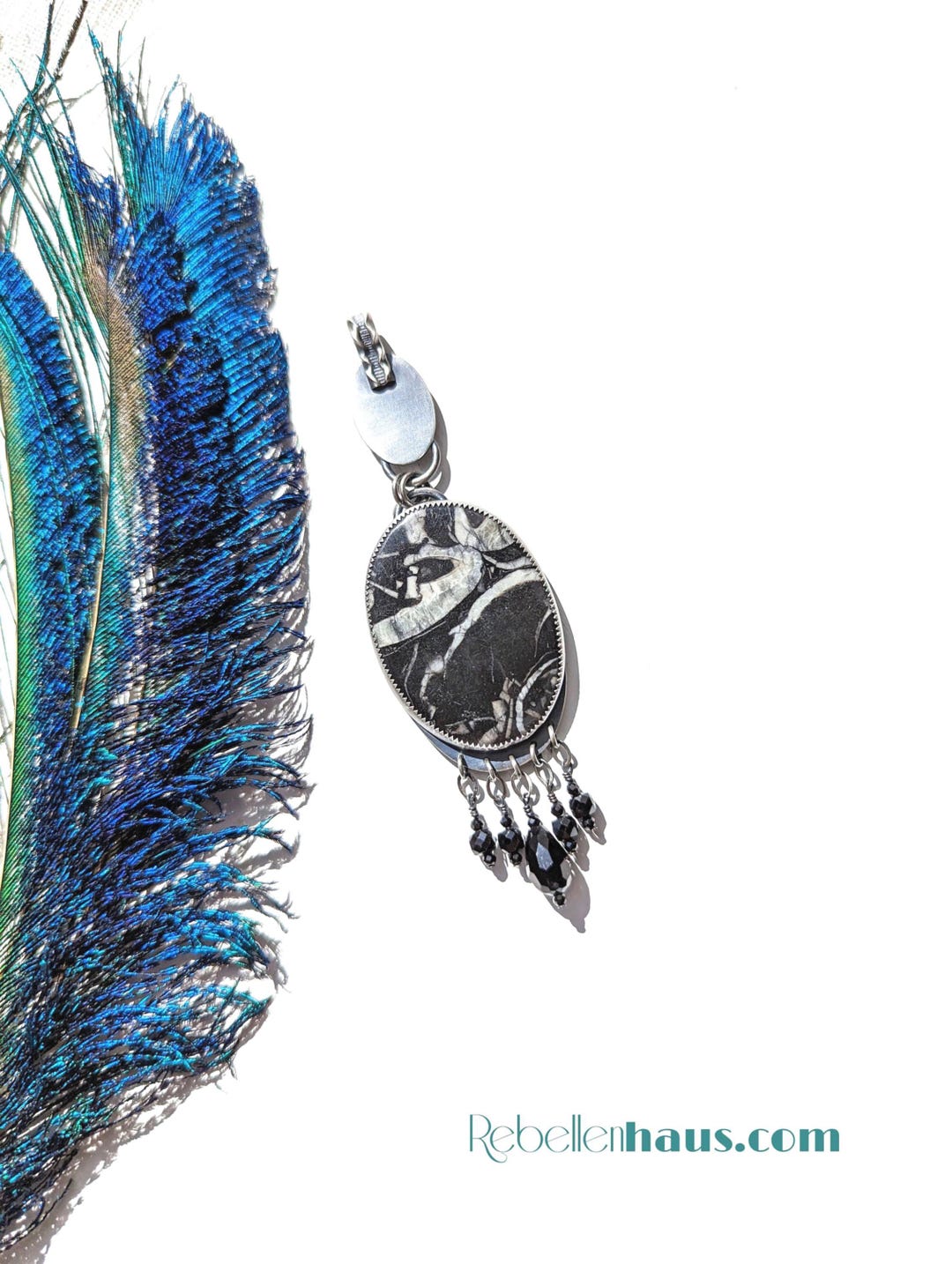 Turritella Fossil Pendant | Sterling Silver Oval Necklace | Black ...