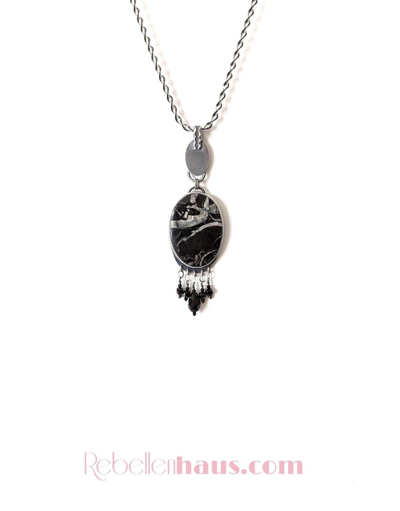 Turritella Fossil Pendant | Sterling Silver Oval Necklace | Black ...