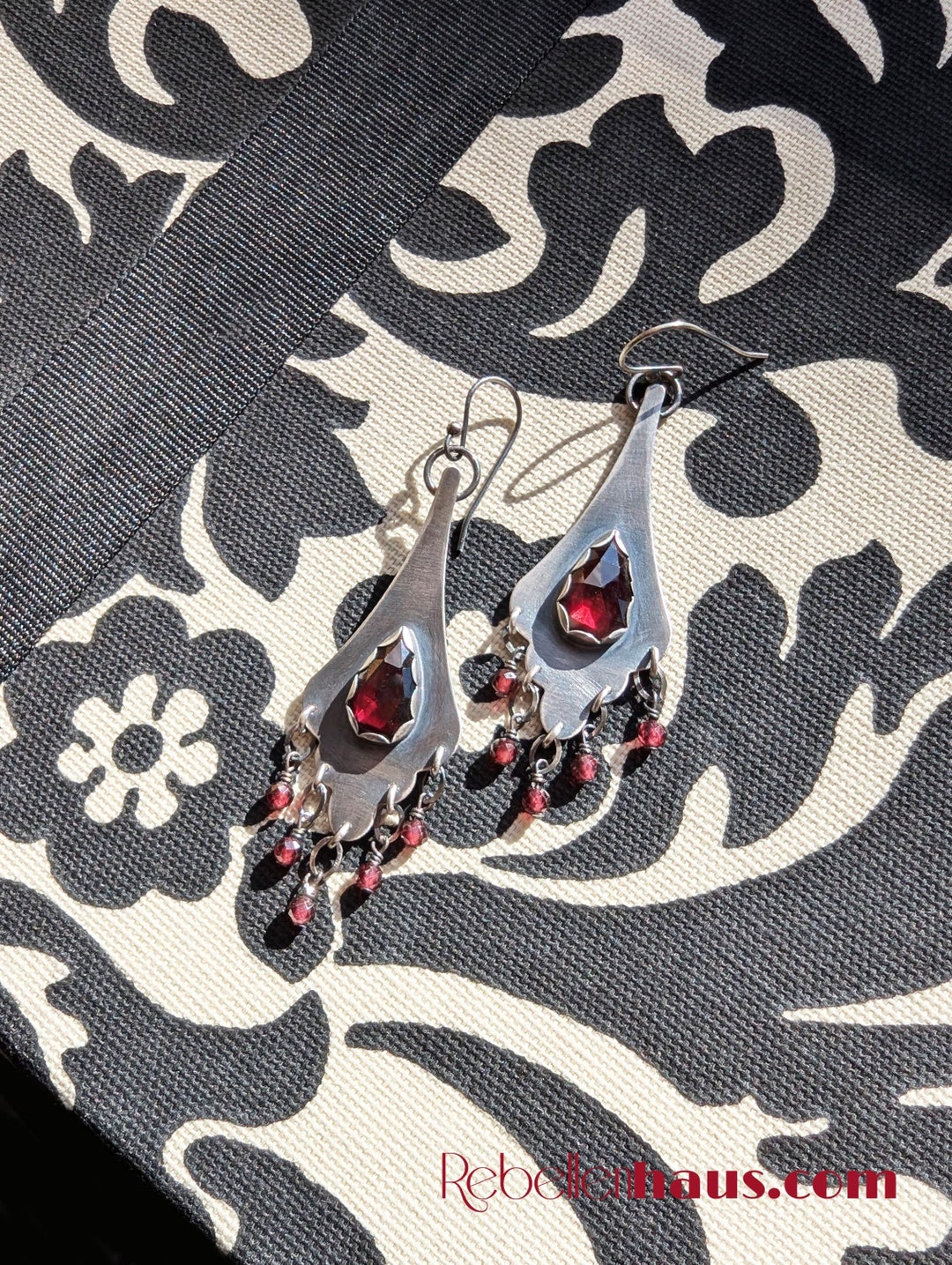 Red Garnet Drop Earrings | Scallop Vintage Style | Sterling Silver ...