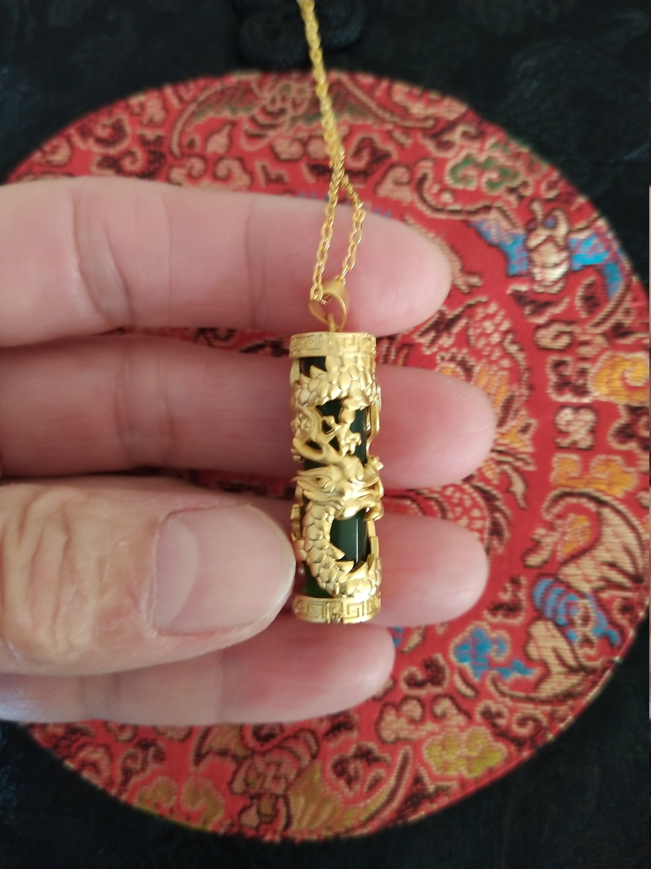 18 K Gold Dragon Totem Cylinder Natural Green Jade Pendant. - Etsy