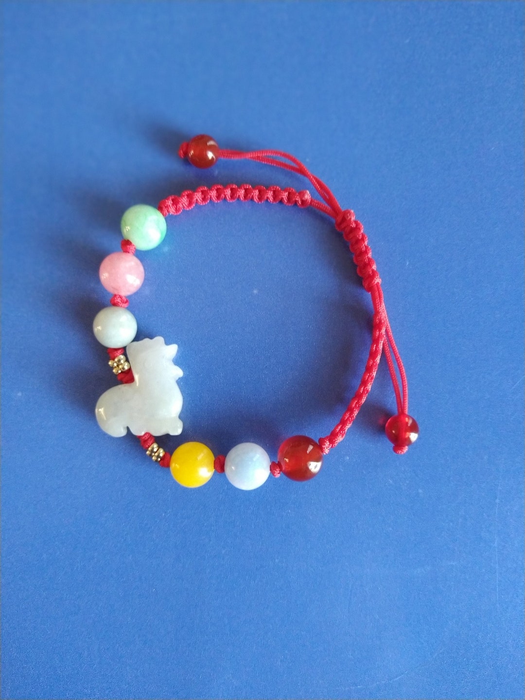 Hand Carved Jade Rooster Bracelet: Multi-color Bead Adjustable Jewelry ...