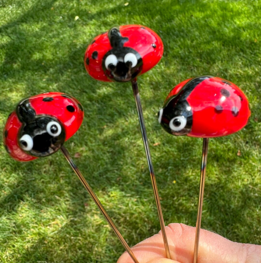 SPECIAL! 2 Ladybug Plant Stakes, Handcrafted Glass, Stake=9-10"l; Bug ...