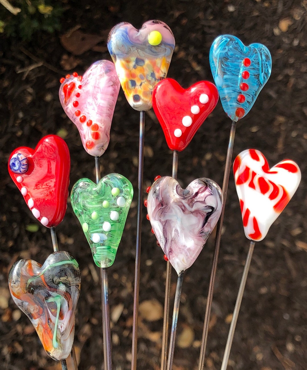 SPECIAL! 2 Heart Stakes, Handcrafted Glass, Stake=9-10" L; Hearts - Est ...