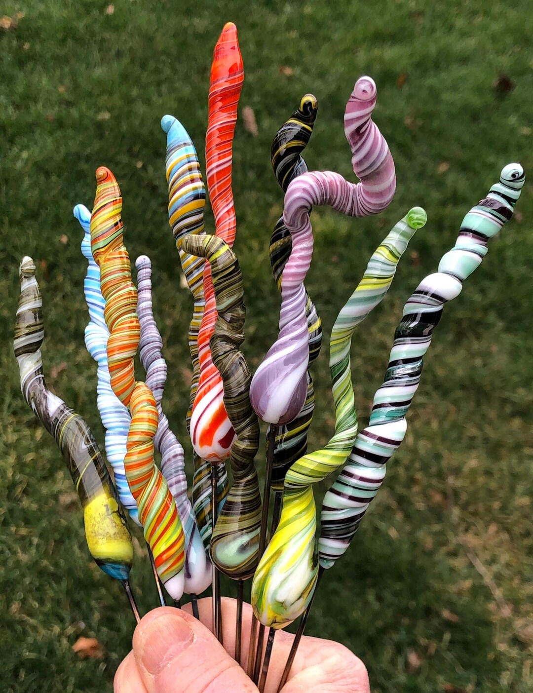 SPECIAL! 2 Finial Plant Stakes, Handcrafted Glass, Stake=9-10" L ...