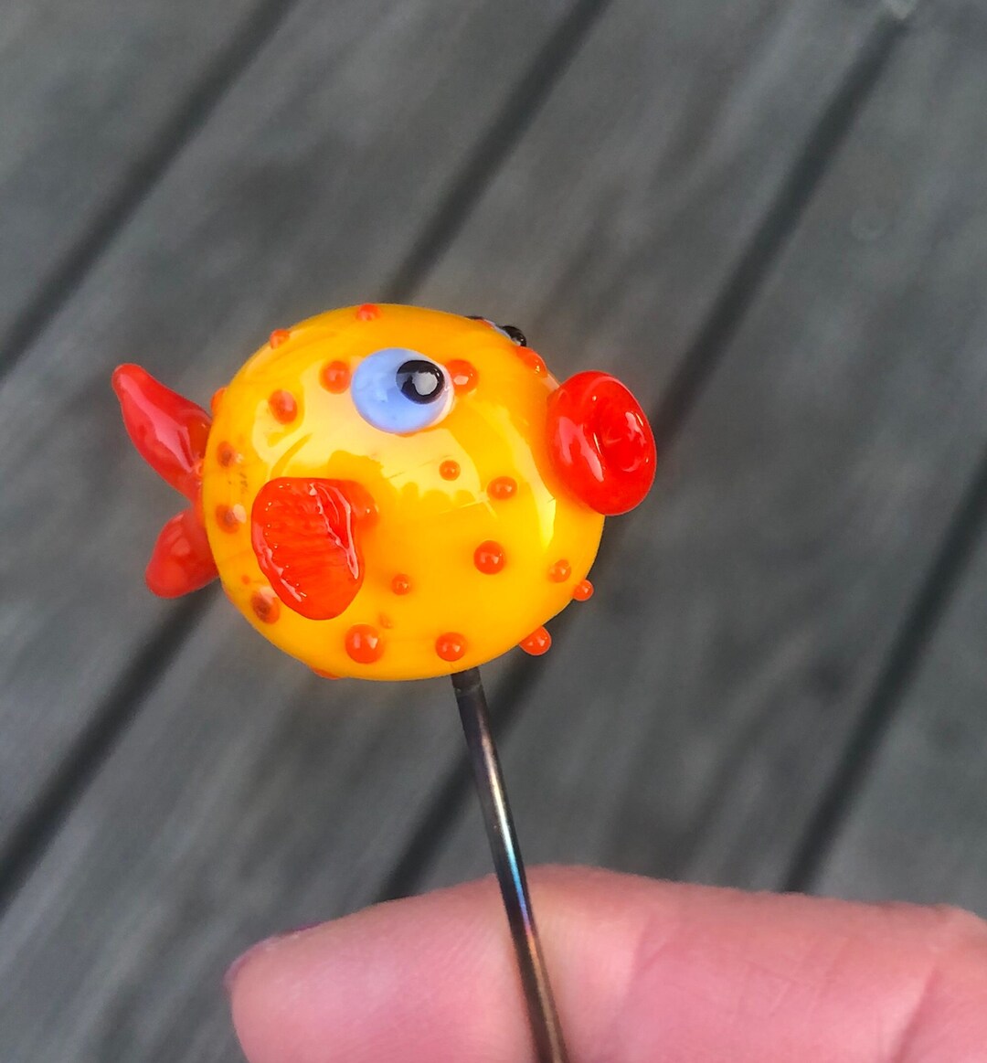 Handcrafted Lampwork Glass Puffer Fish Plant Stake, Stake=9-10" L; Fish ...