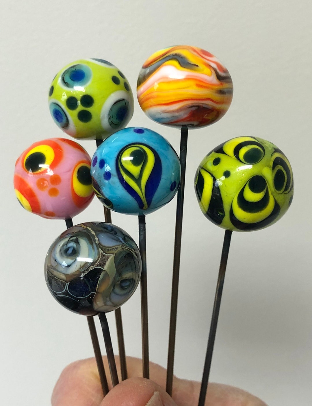SPECIAL! 2 Colorful Balls Plant Stakes, Handcrafted Stake=9-10" L ...