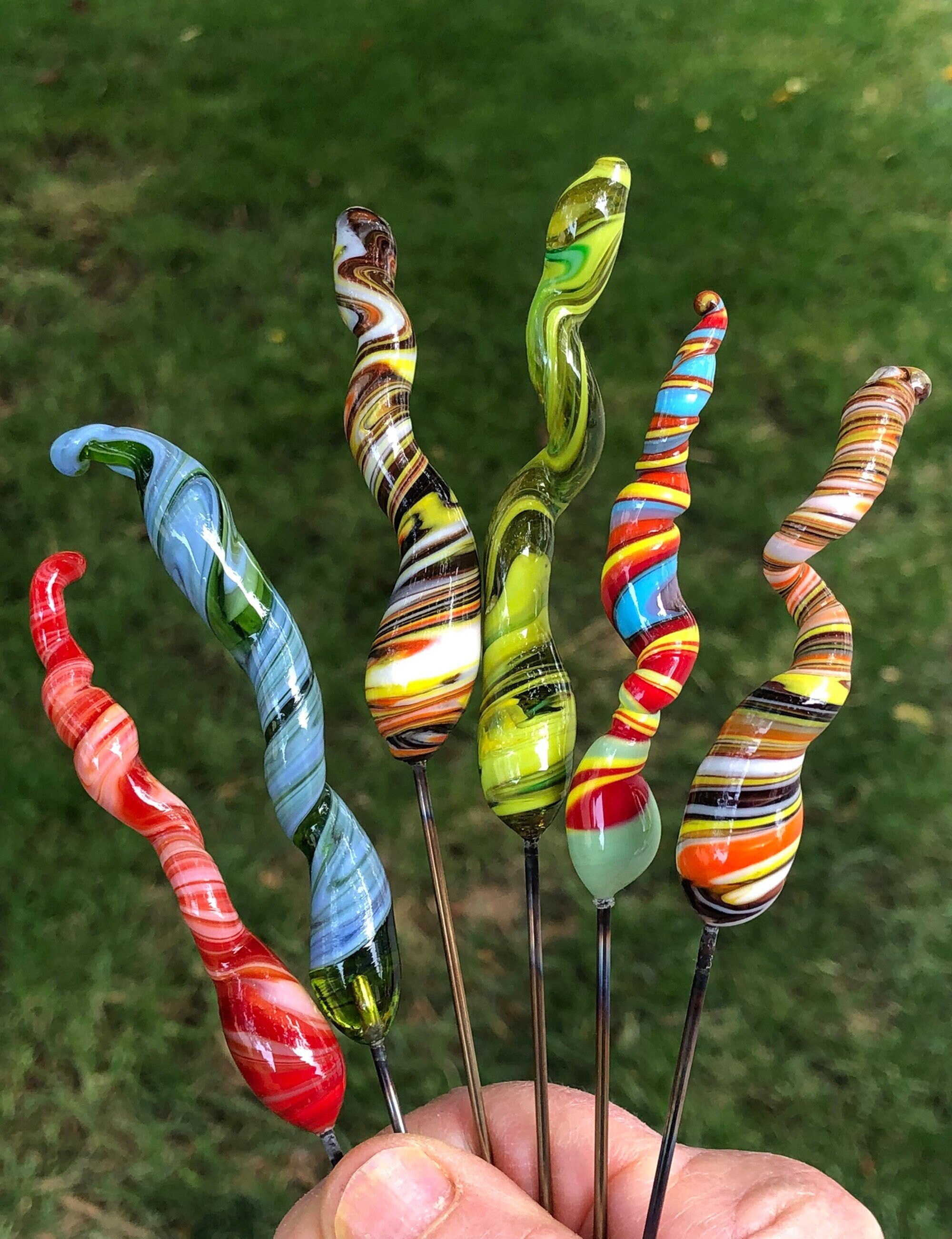 SPECIAL 2 Finial Plant Stakes, Handcrafted Glass, Stake 9-10 L Finial ...