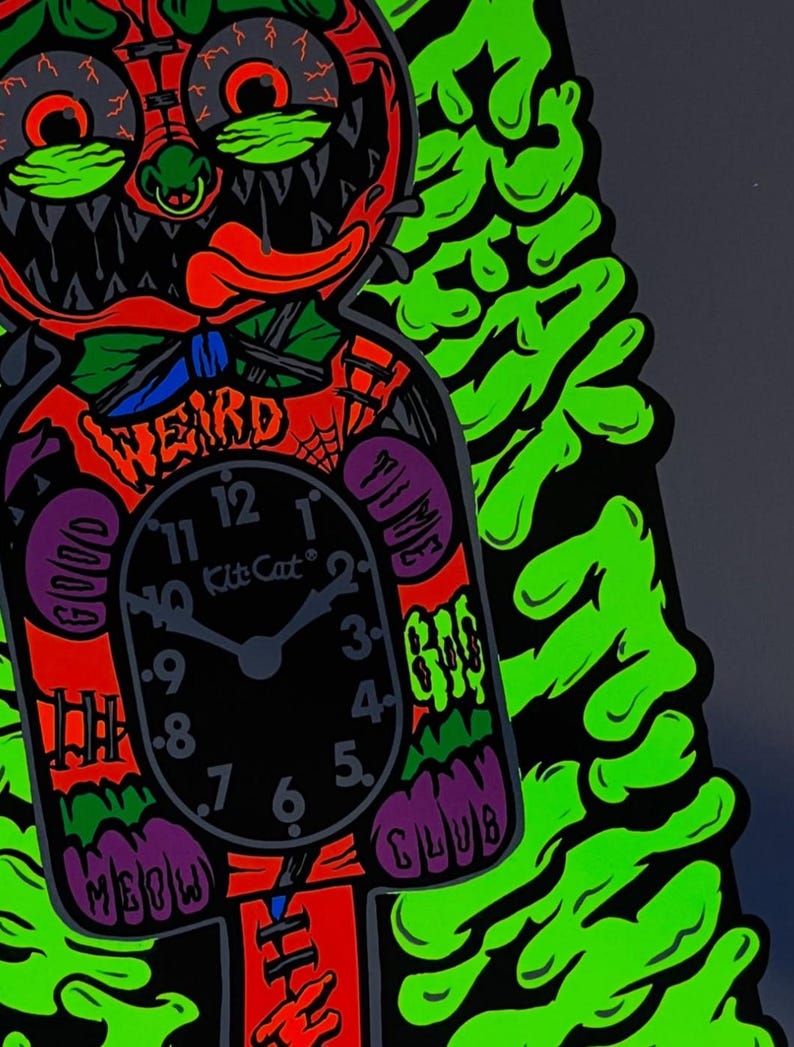 Silkscreen Print Neon Zombie Horror Kit Cat Clock- Glows in UV Black ...