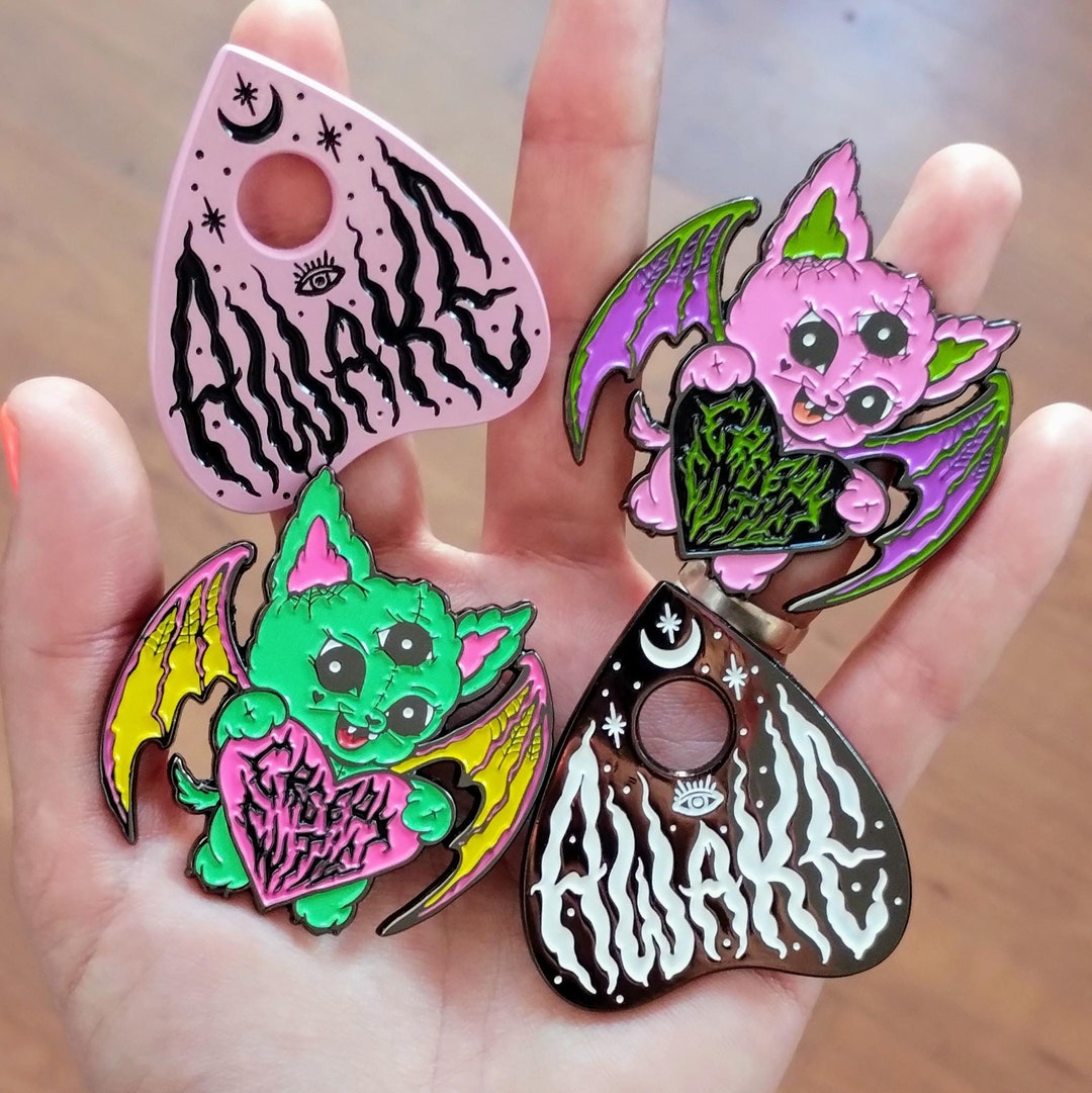 Enamel XL Metal Pins - Creepy Cutie Bat Cat and Ouija Designer Goth Pin ...