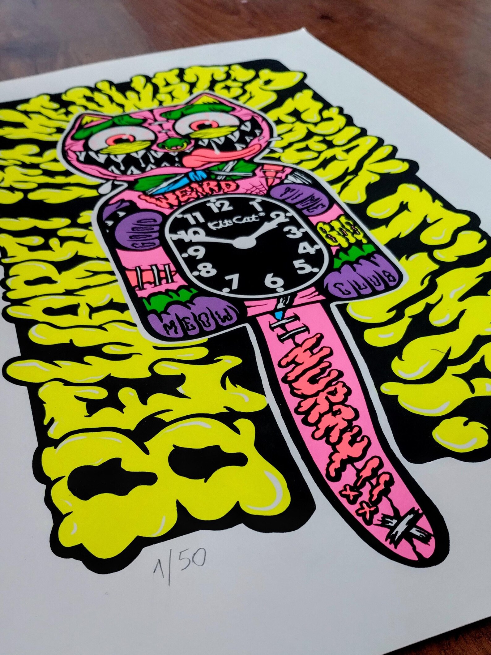 Silkscreen Print Neon Zombie Horror Kit Cat Clock- Glows in UV Black ...