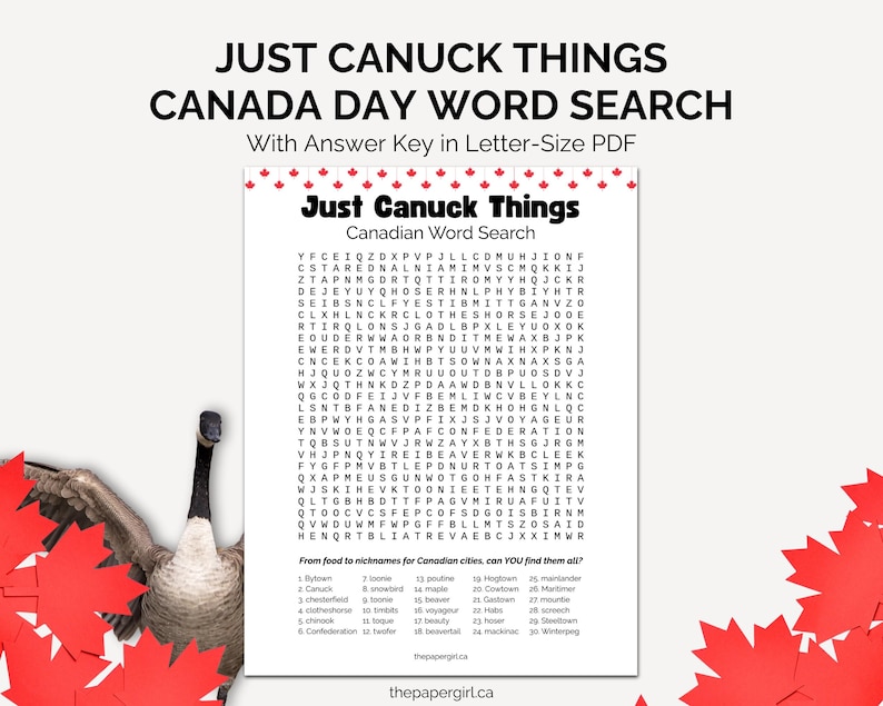 Canada Day Word Search Printable Activity With Answer Key | Elbows Up ...