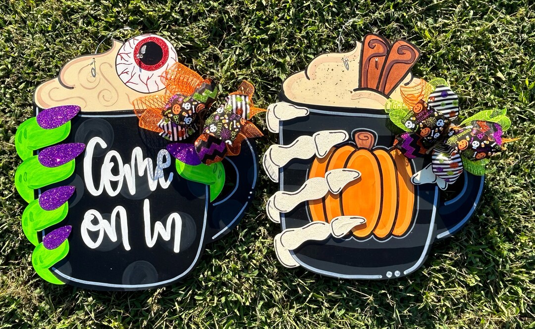 Halloween Door Hanger, Skeleton Hand, Monster Hand, Coffee Mug, Pumpkin ...