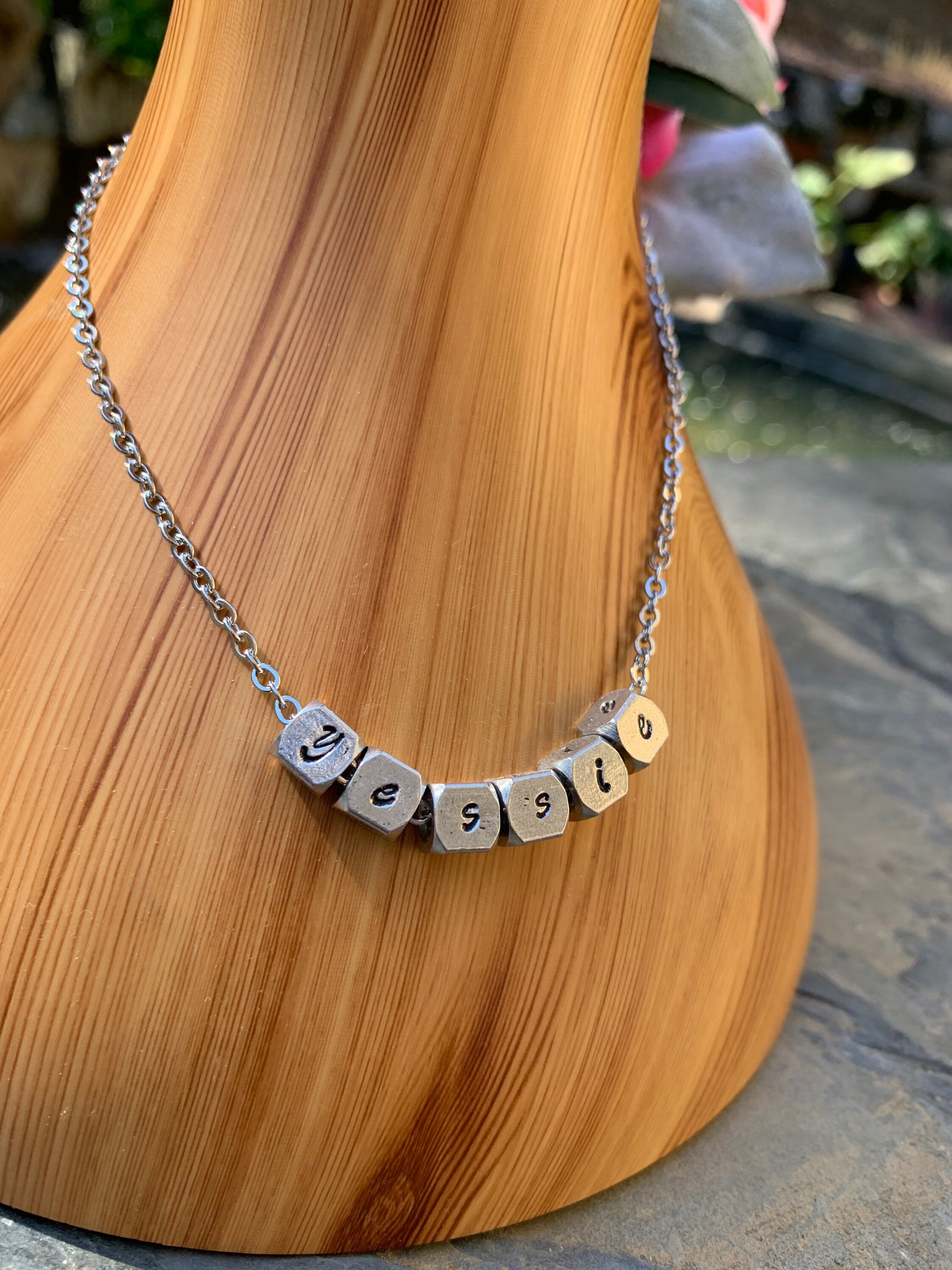 Block Name Necklace Personalized Hand Stamped Square Beads | Etsy
