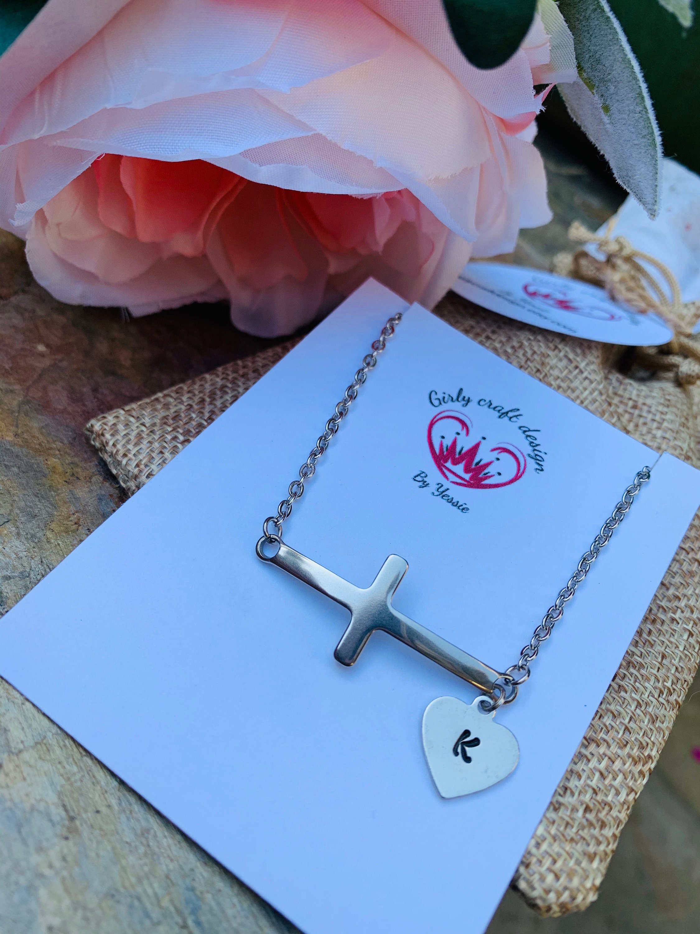 Personalized sideway Cross bracelet with name initial | Etsy