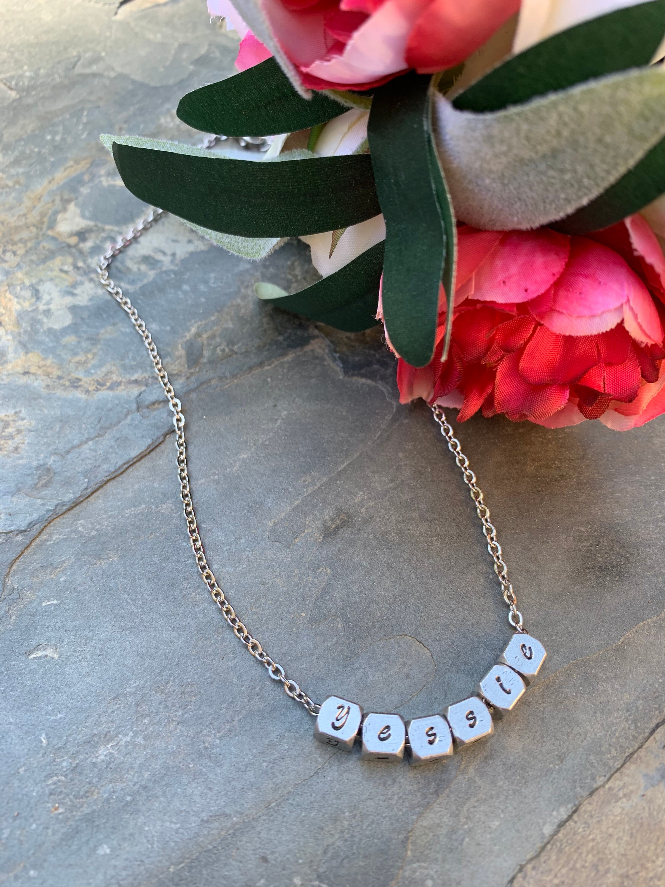 Block Name Necklace Personalized Hand Stamped Square Beads | Etsy