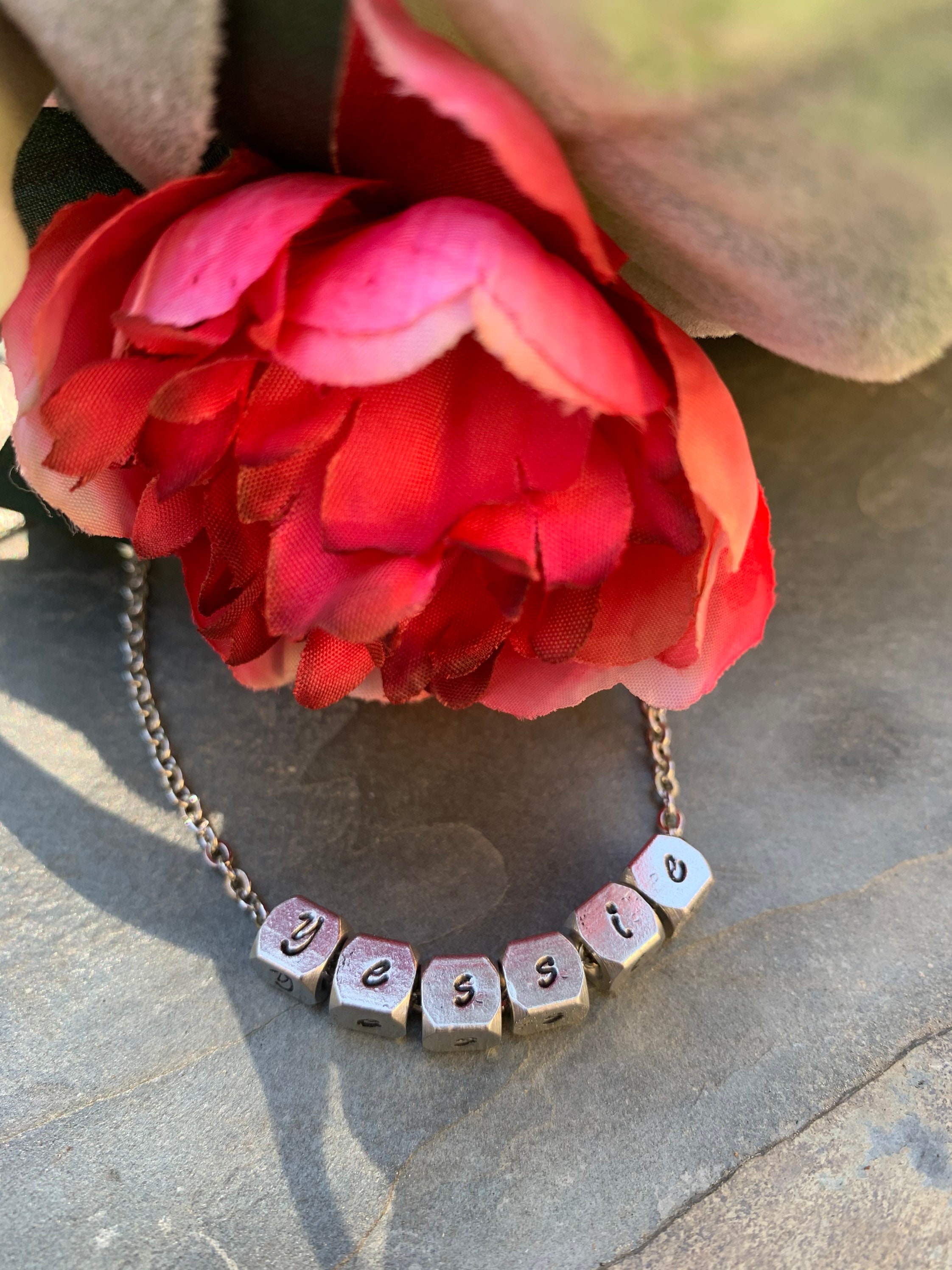 Block Name Necklace Personalized Hand Stamped Square Beads | Etsy