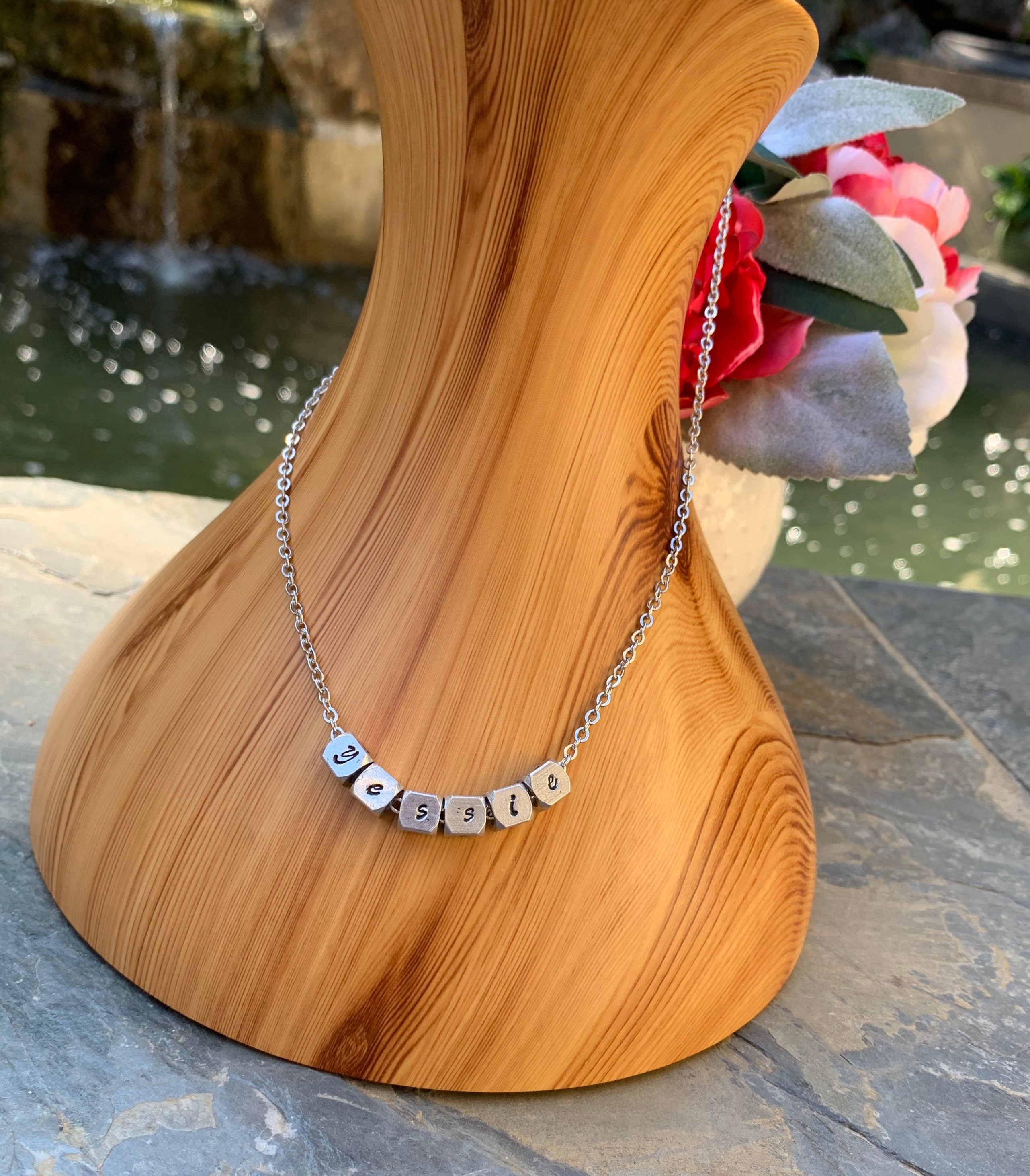 Block Name Necklace Personalized Hand Stamped Square Beads | Etsy