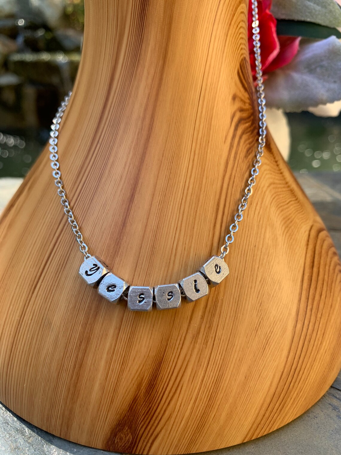 Block Name Necklace Personalized Hand Stamped Square Beads - Etsy