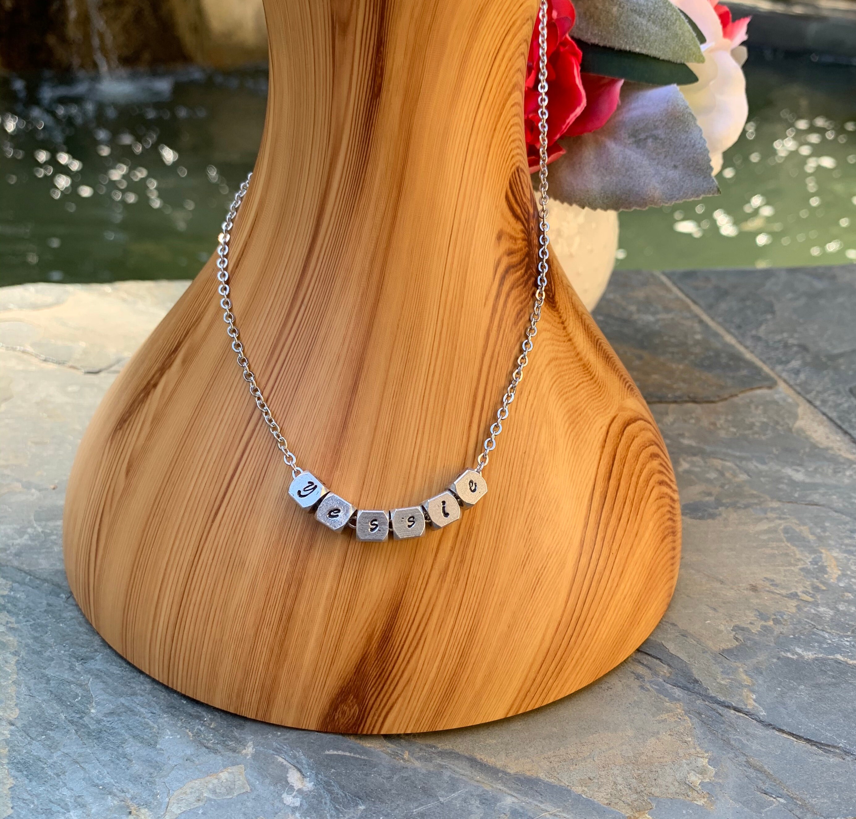 Block Name Necklace Personalized Hand Stamped Square Beads | Etsy