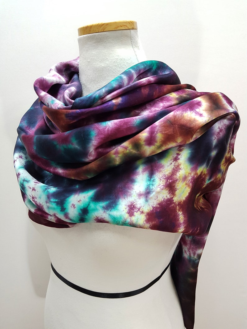 Hand Tie Dyed Silk Satin Scarf / Burgundy Green Yellow Colors - Etsy