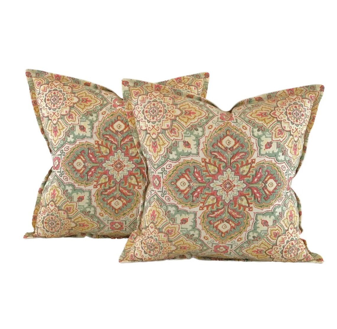 Pair P Kaufmann Waverly Coral Green Yellow Ikat Suzani Medallion Pillow ...